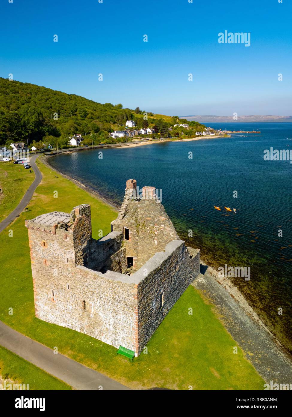 Aerial view of Lochranza Castle, Lochranza, Isle of Arran, North ...