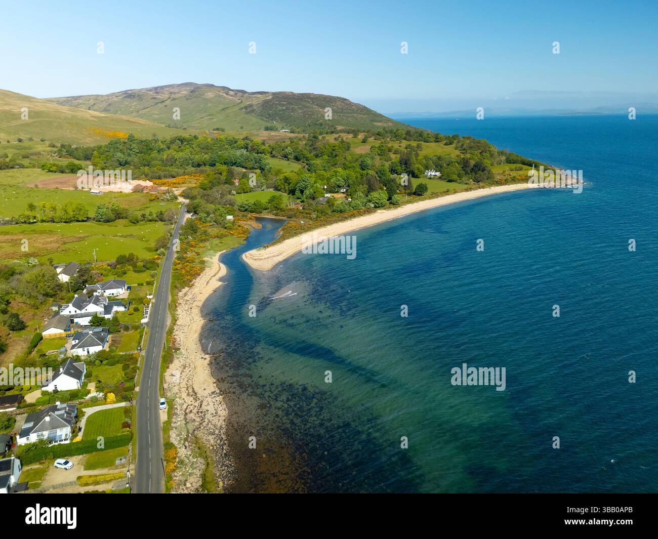 Aerial view from drone of village and beach at Sannox , Isle of Arran ...