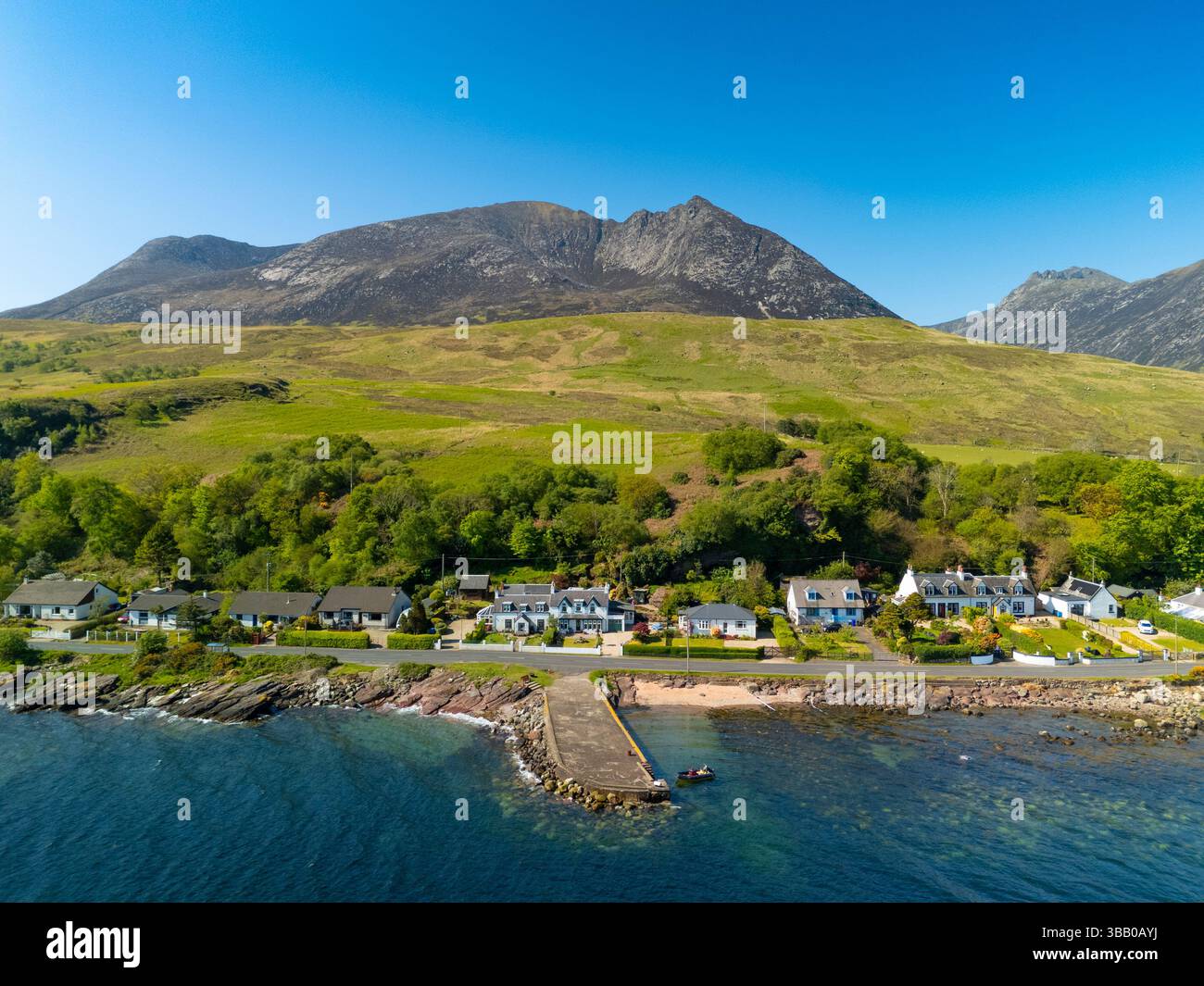 Aerial view from drone of village and beach at Sannox , Isle of Arran ...