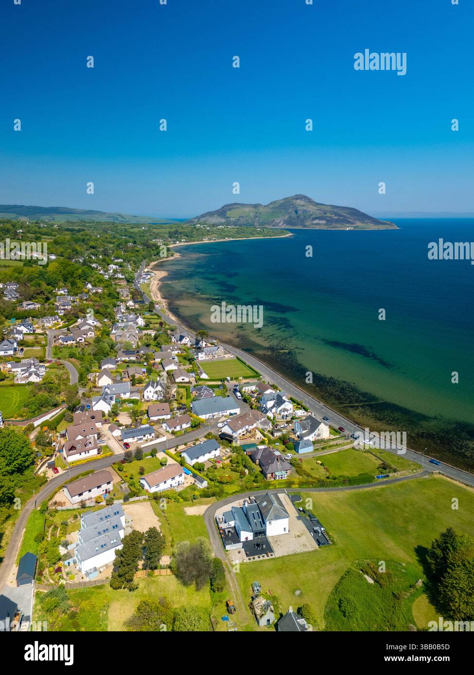 Aerial view from drone of village at Whiting Bay, Isle of Arran, North ...