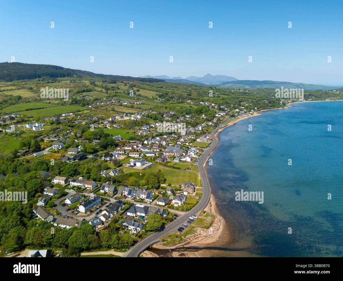Aerial view from drone of village at Whiting Bay, Isle of Arran, North ...