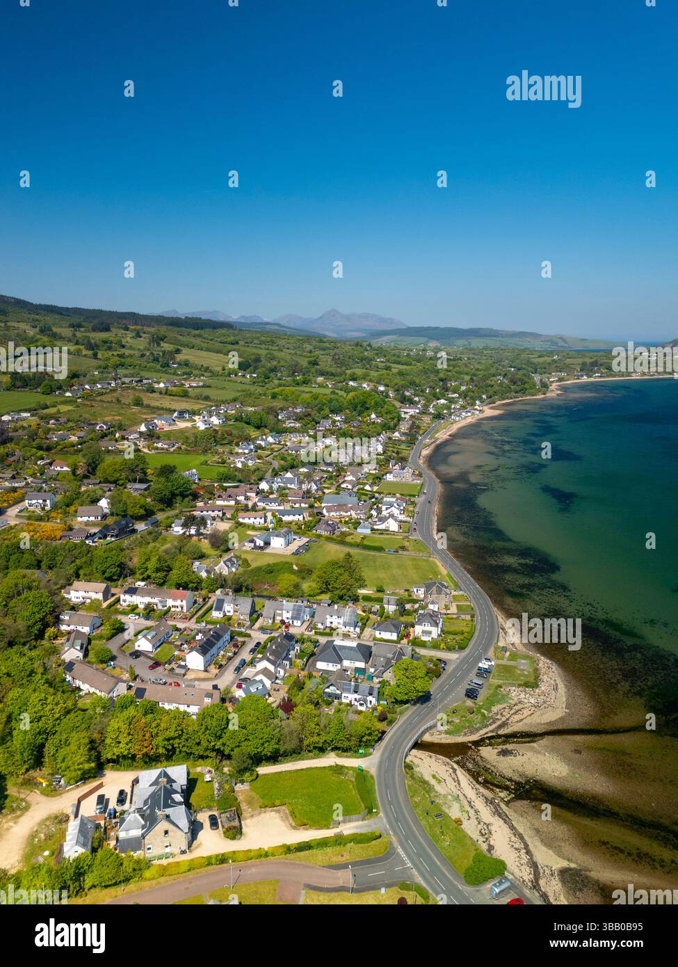 Aerial view from drone of village at Whiting Bay, Isle of Arran, North ...