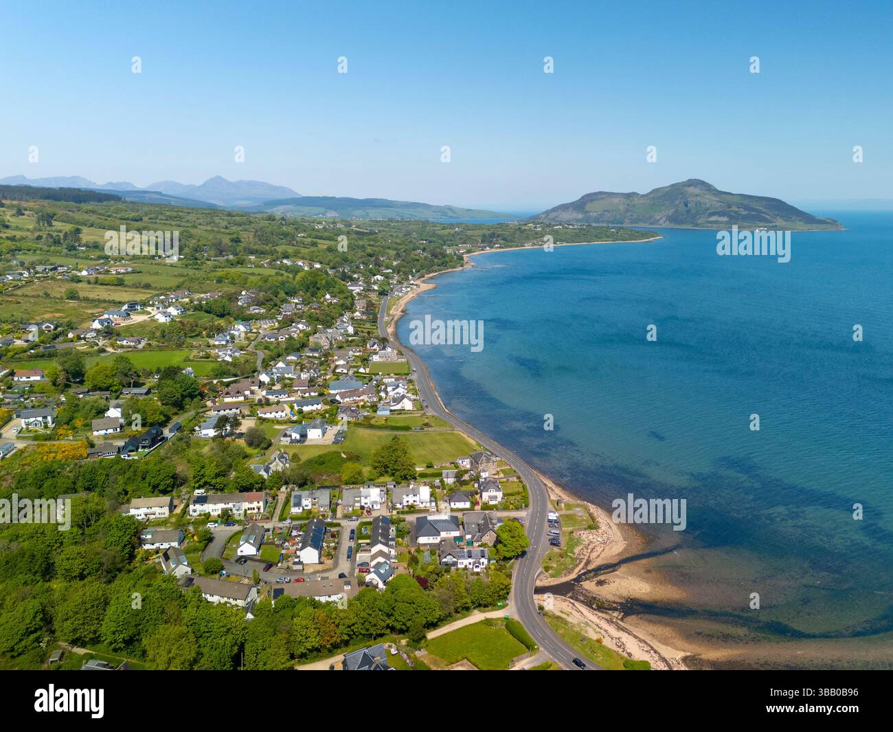 Aerial view from drone of village at Whiting Bay, Isle of Arran, North ...