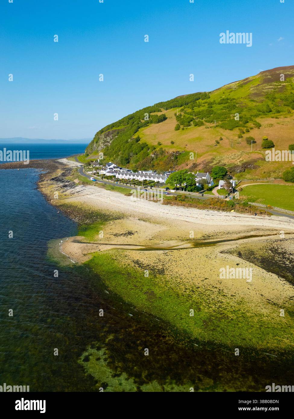 Aerial view from drone of village at Catacol, Isle of Arran, North ...