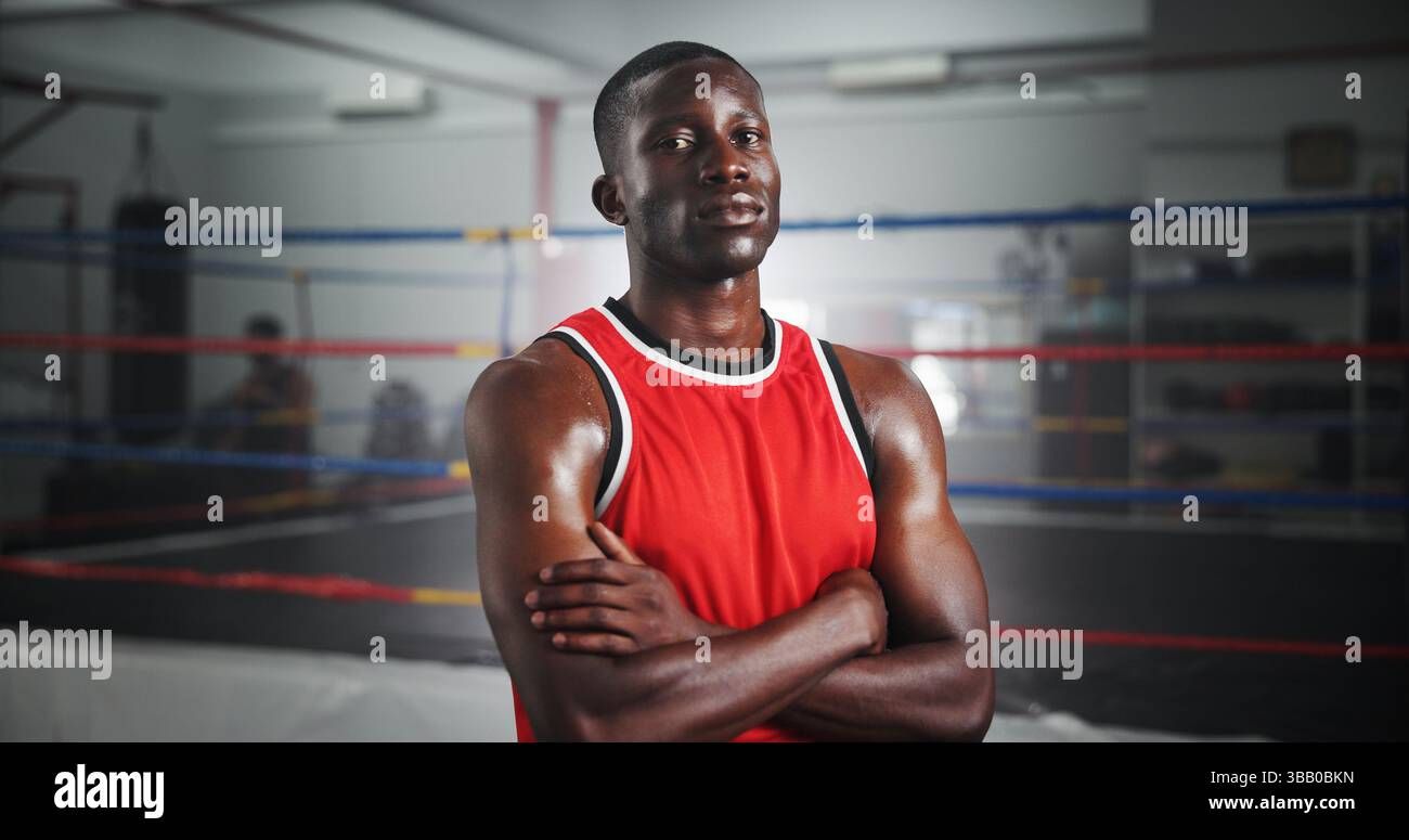 Workout, boxer and arms crossed with black man in gym for MMA fighter ...