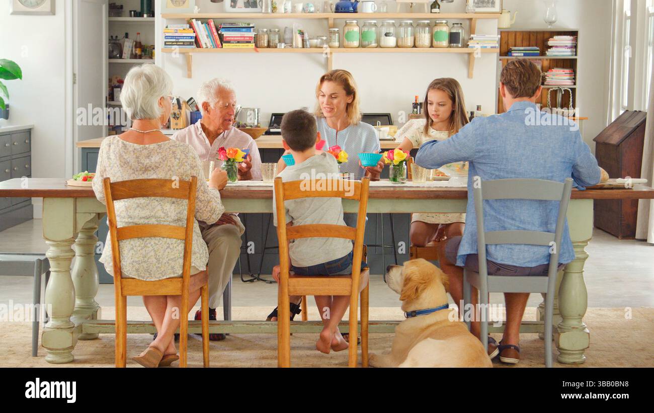 Multi-Generation Family With Dog Around Table Serving And Eating Meal ...