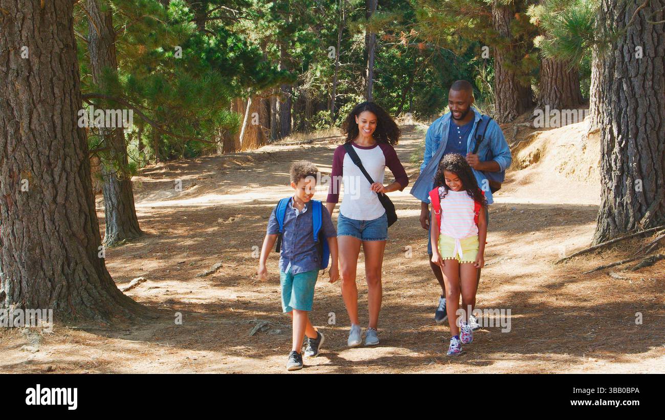 Family On Hiking Adventure Walking Along Path Through Woods Stock Photo ...