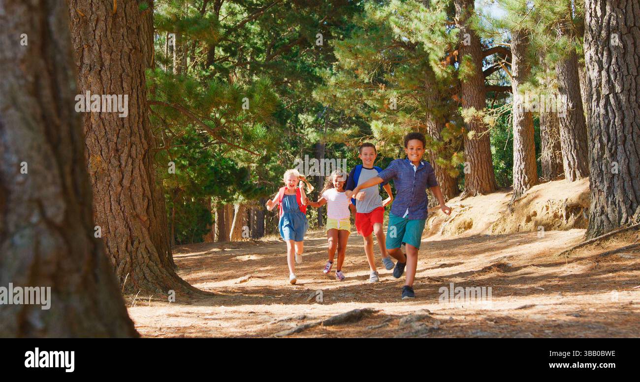Group Of Children Running Along Trail Through Forest On Hiking ...