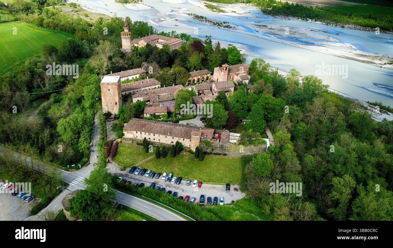 Aerial view of the village of Rivalta along the banks of the Trebbia ...