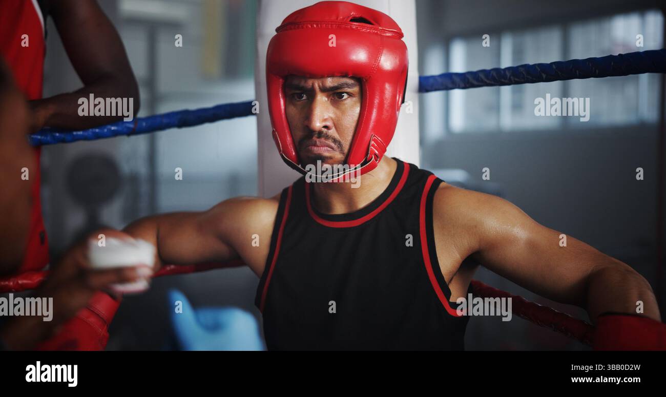 Boxer, training and man at gym for fitness, intense fight or combat ...