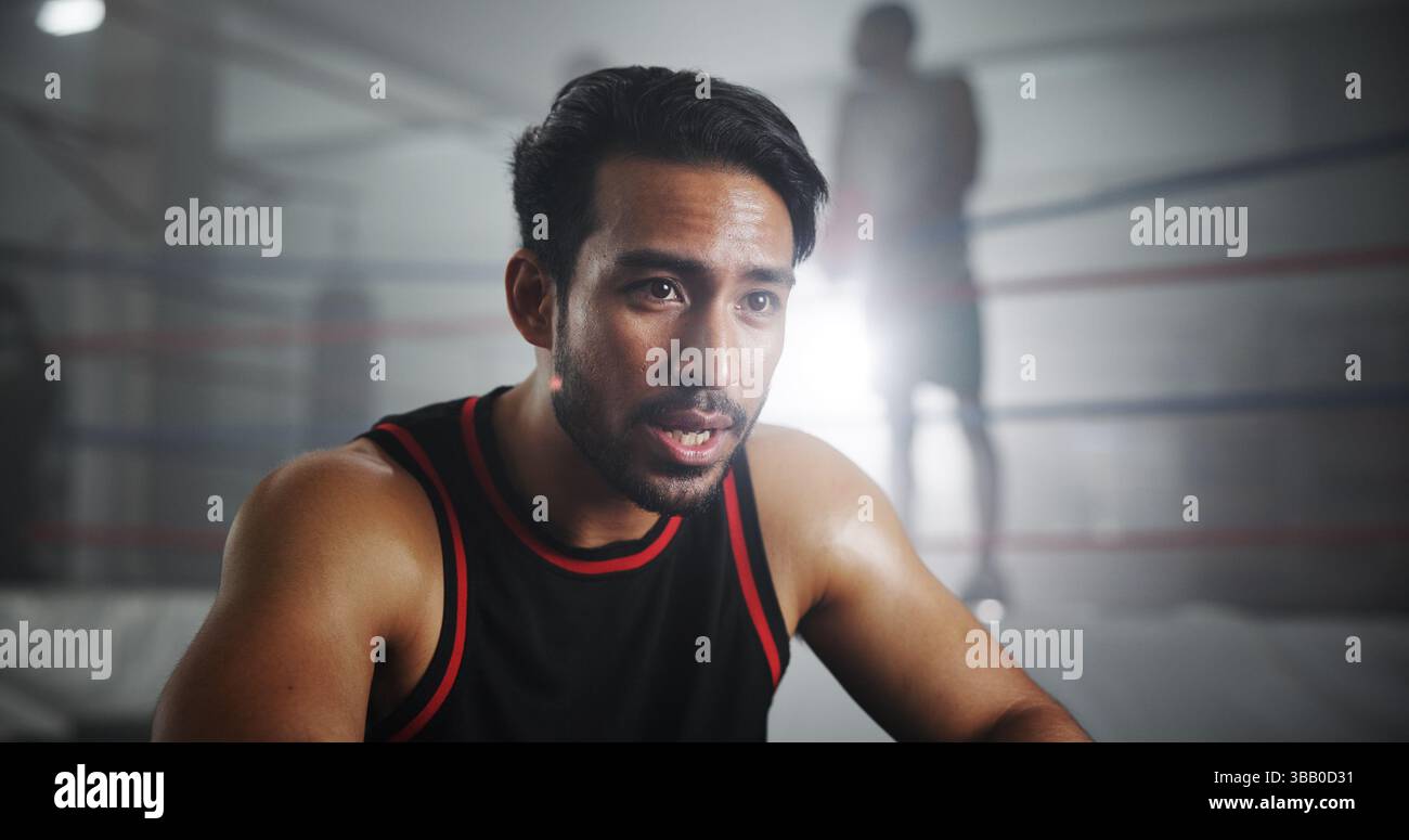 Man, boxer and tired with workout in gym, intense and recovery with sweating for self defense ...
