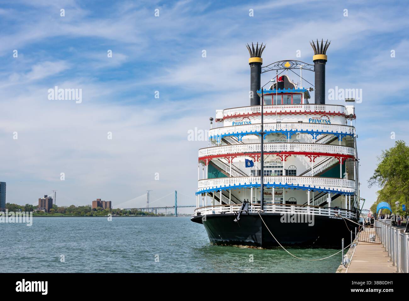 Detroit Princess Riverboat, docked on the Detroit Riverwalk trail ...