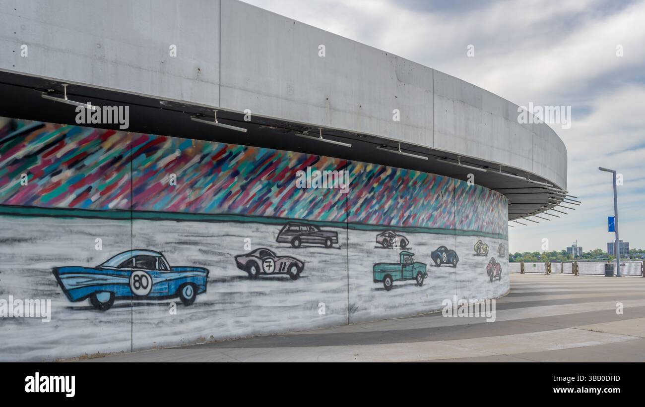 "Da Race" racecar mural, on the Detroit Riverwalk trail, Detroit riverfront, Michigan. Artist ...
