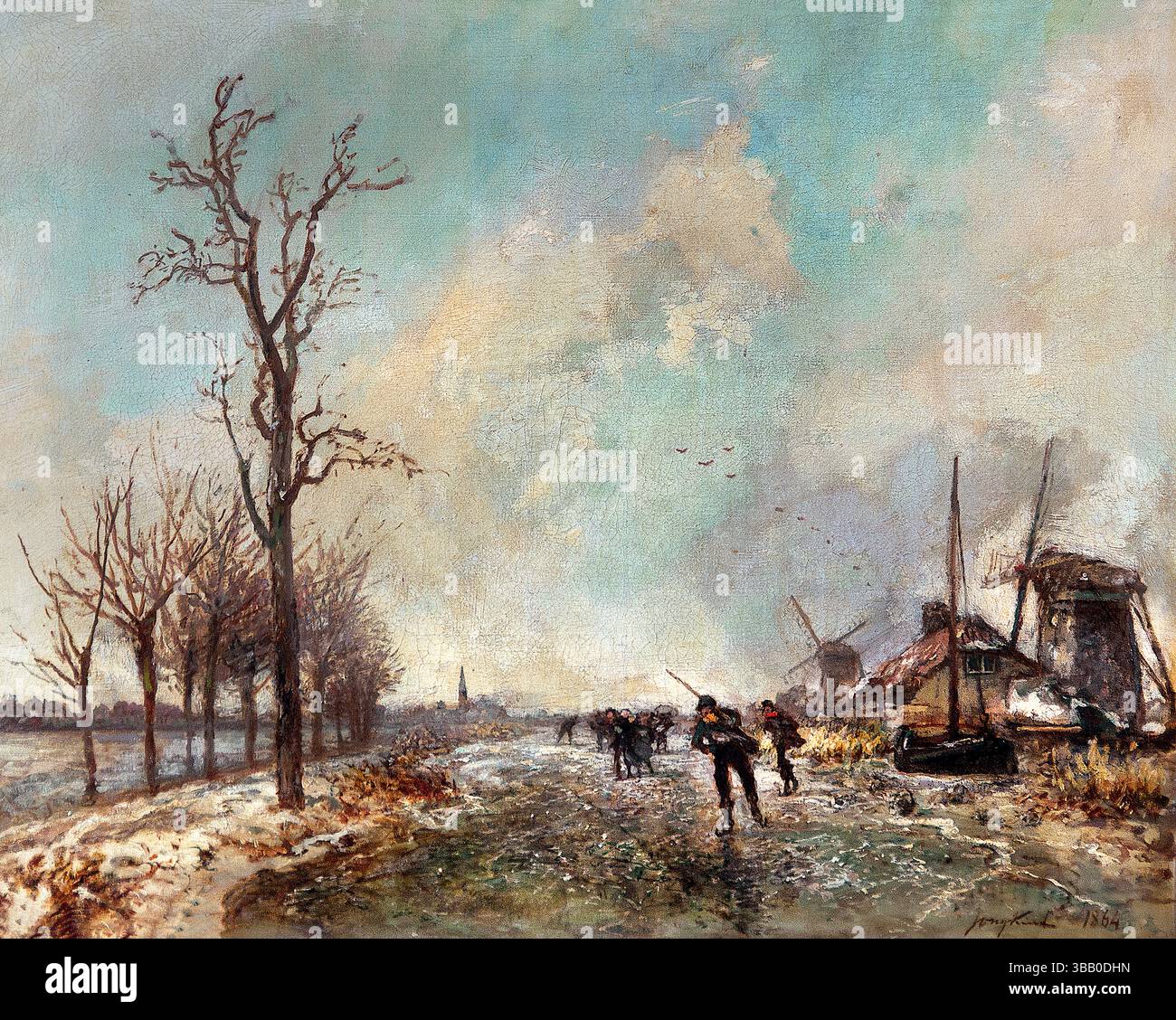 Dutch skaters with two mills on the right 1864 by Johan Barthold ...