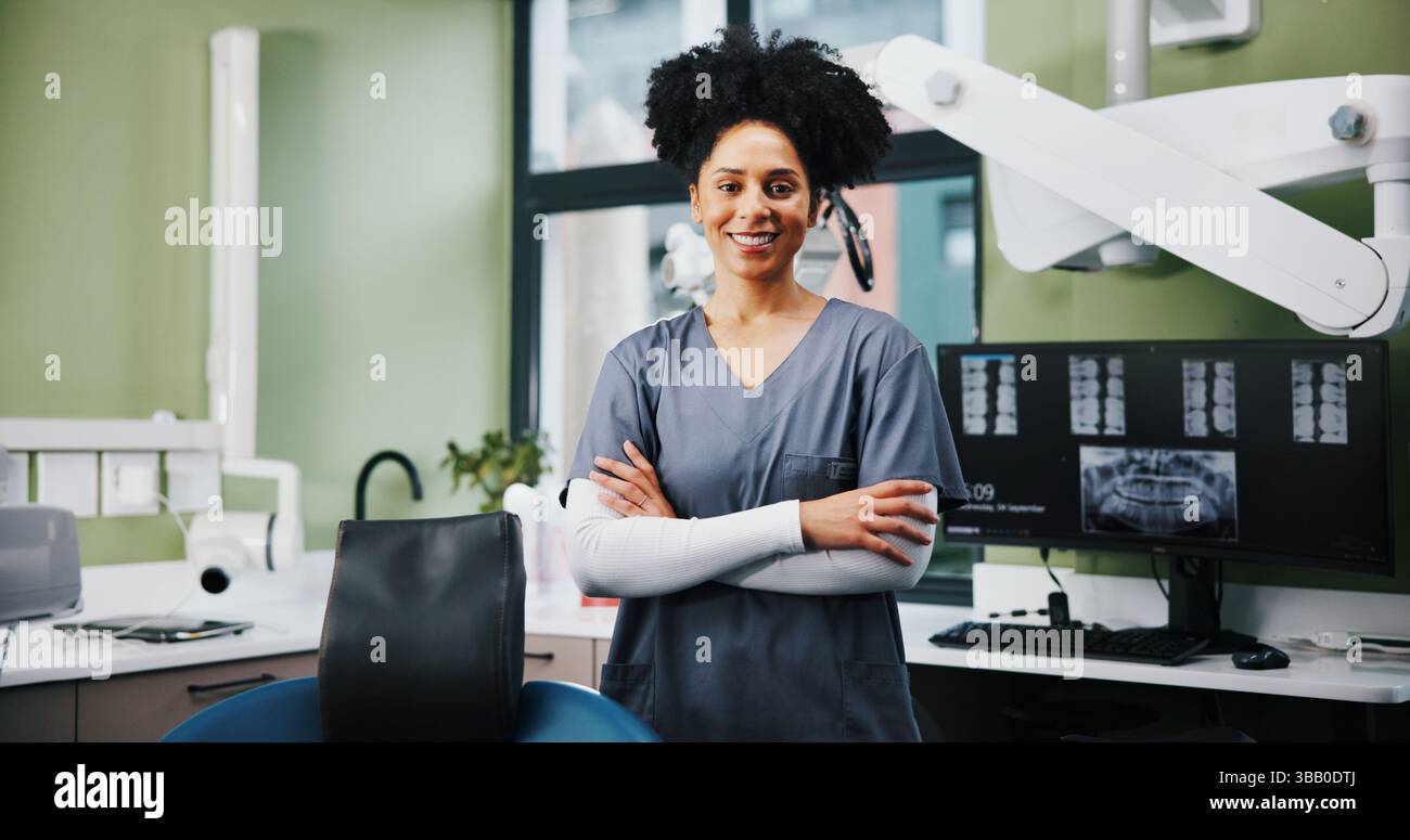 Dentist, woman and portrait with arms crossed in clinic for root canal ...