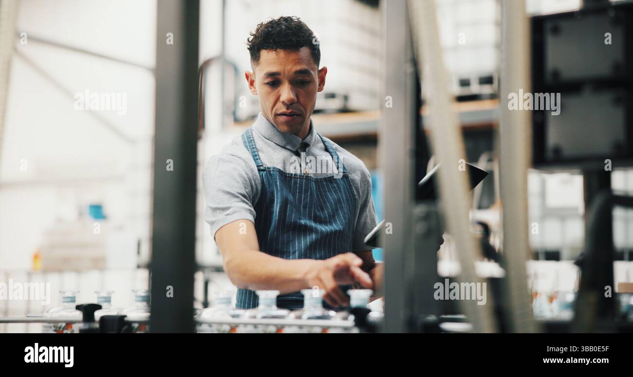 Distillery, inspection and man in factory on tablet for alcohol ...