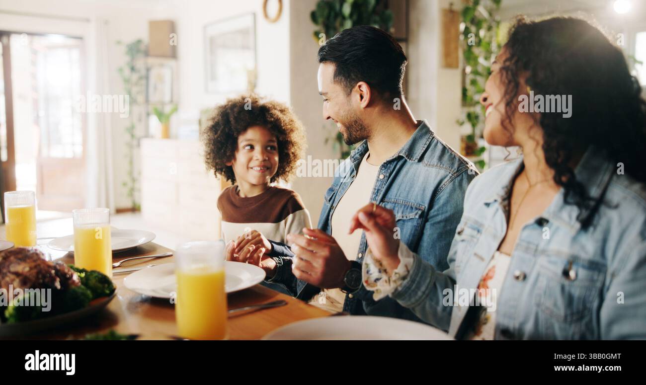 Dinner, happy and parents with child in home for family gathering ...