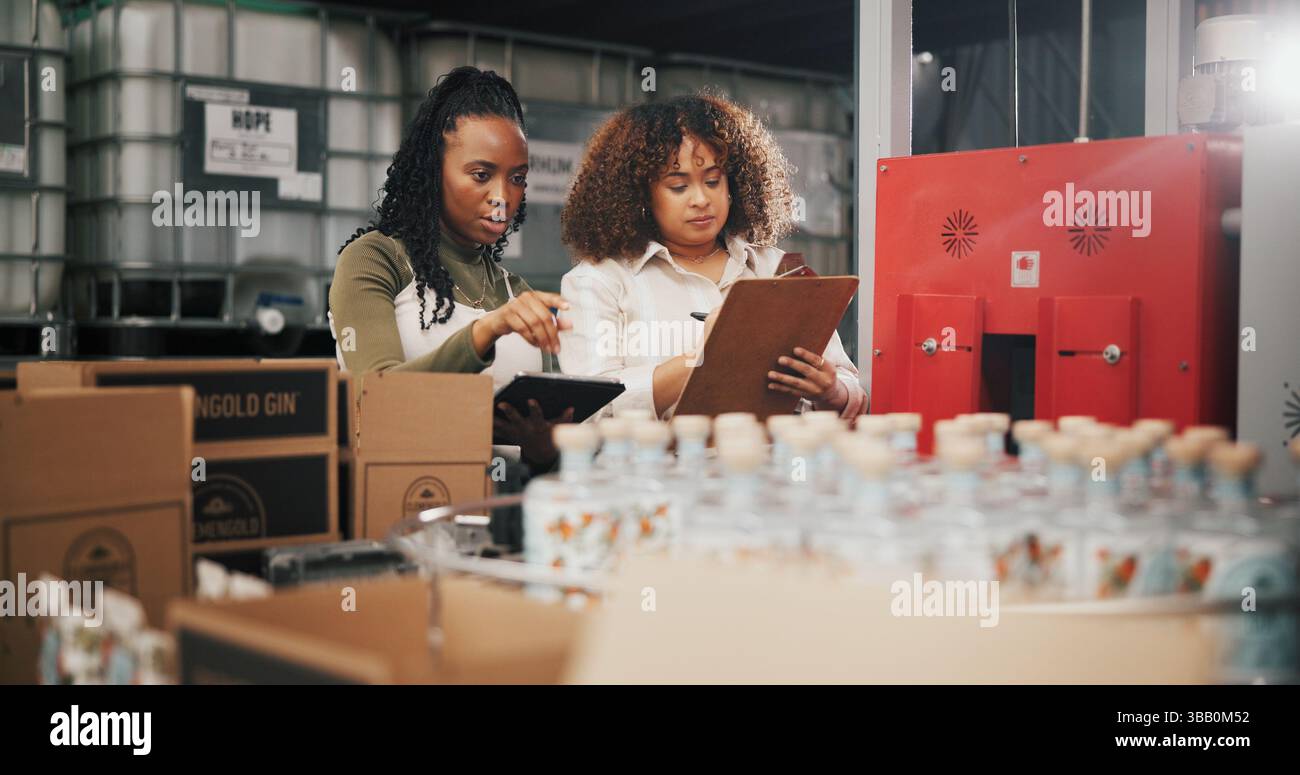 Distillery, team and checklist with women in factory for packaging ...