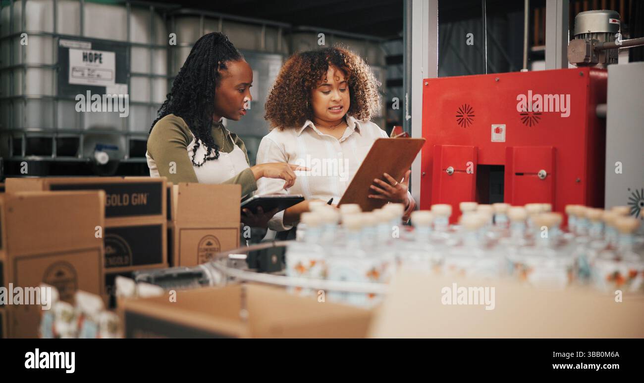 Distillery, team and inspection with women in factory for packaging ...