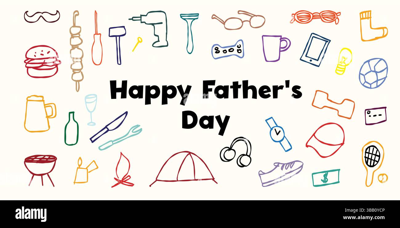 Colorful doodle icons celebrating father s day with tools, sports, and ...
