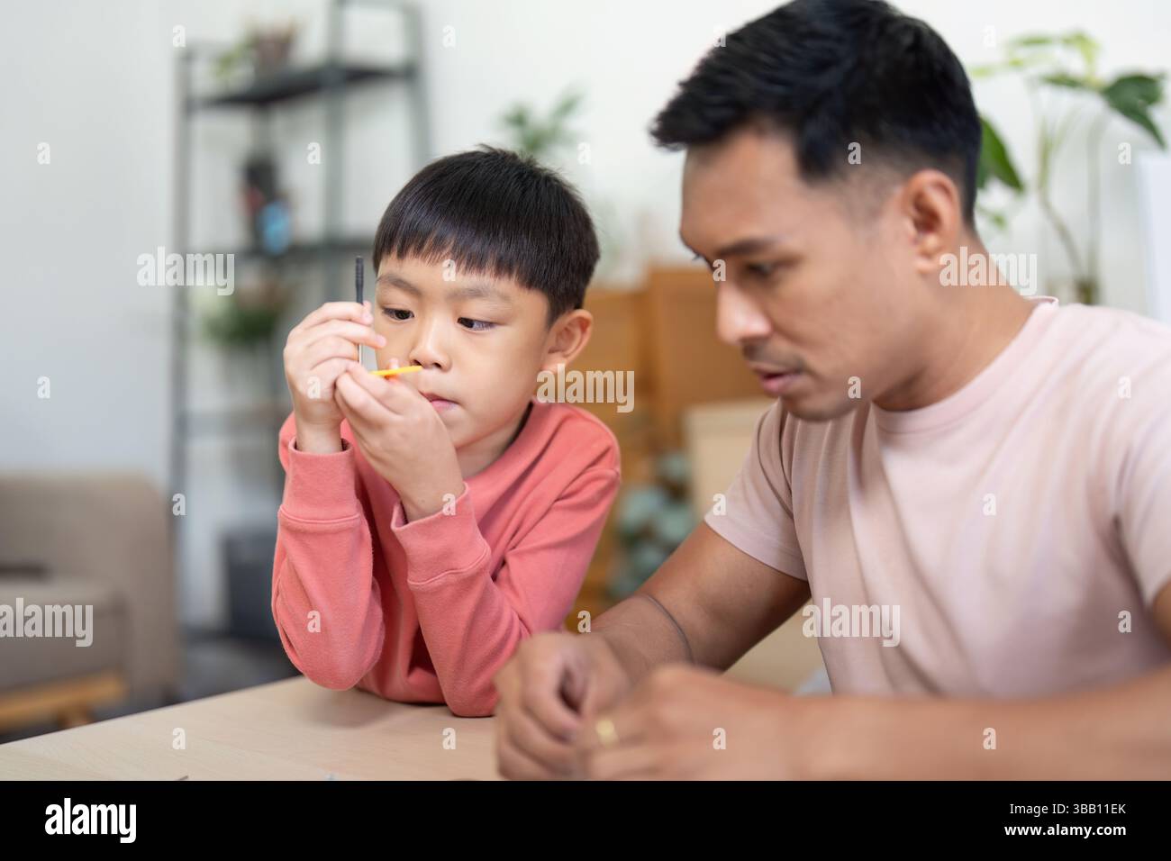 Activity of son and father constructing science models together Stock ...