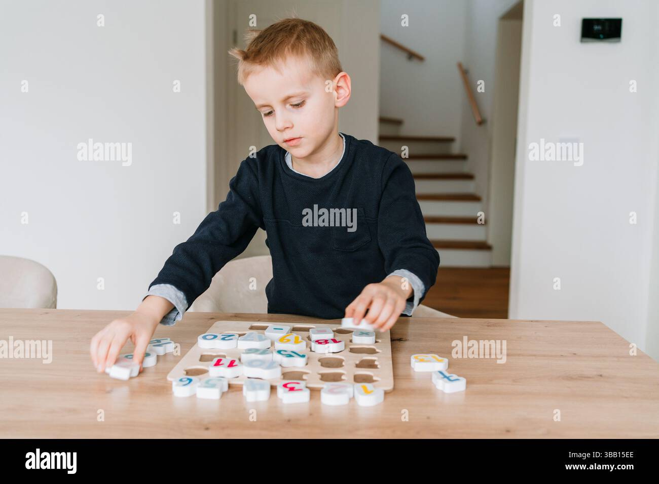 boy learns to count by laying out numbers from 1 to 20 on the board ...