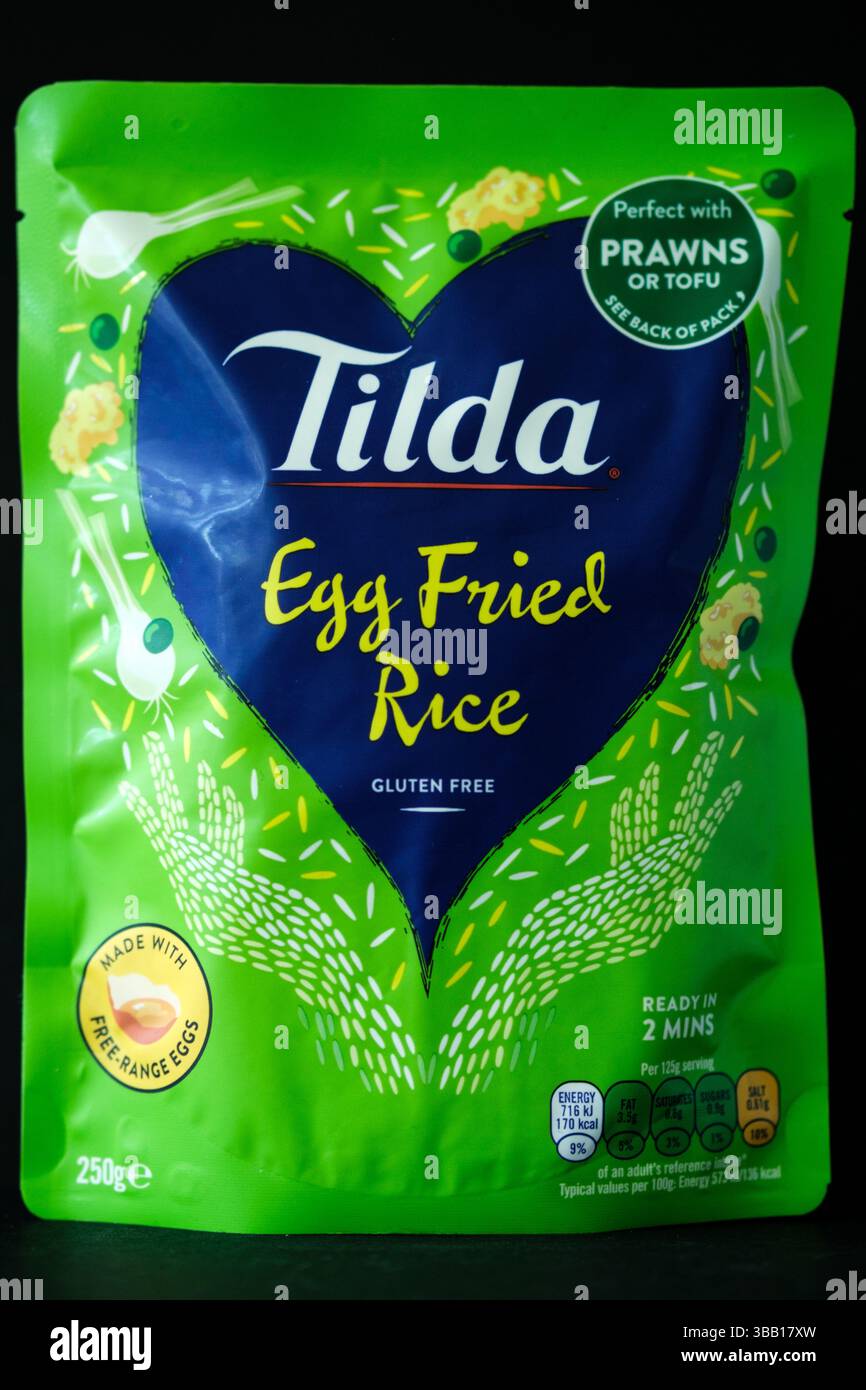 London UK, May 14 2025, Packet of Tilda Microwaveable Egg Fried Rice ...