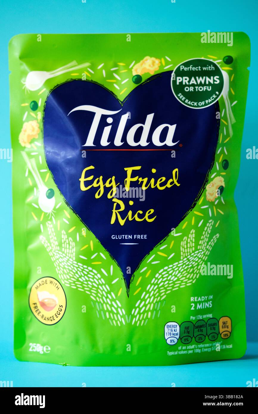London UK, May 14 2025, Packet of Tilda Microwaveable Egg Fried Rice ...