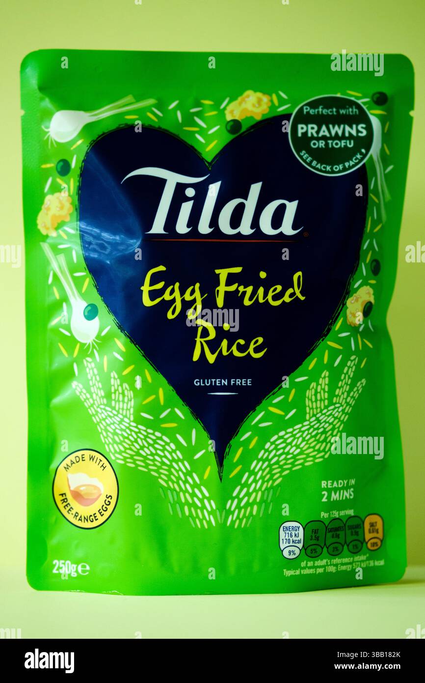 London UK, May 14 2025, Packet of Tilda Microwaveable Egg Fried Rice ...