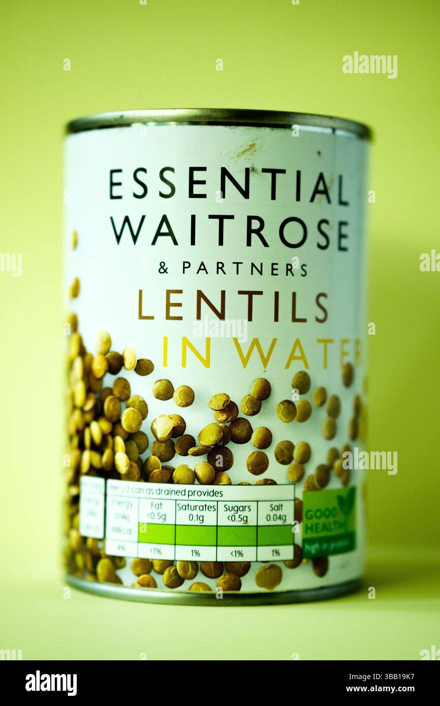 London UK, May 14 2025, Tin of Essential Waitrose Healthy Lentils Stock ...