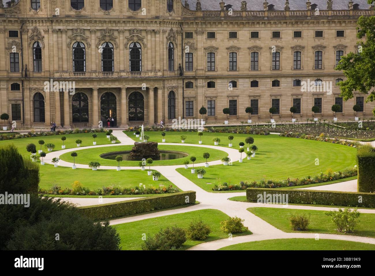 High angle view of parterre decorated with trees and shrubs in ...