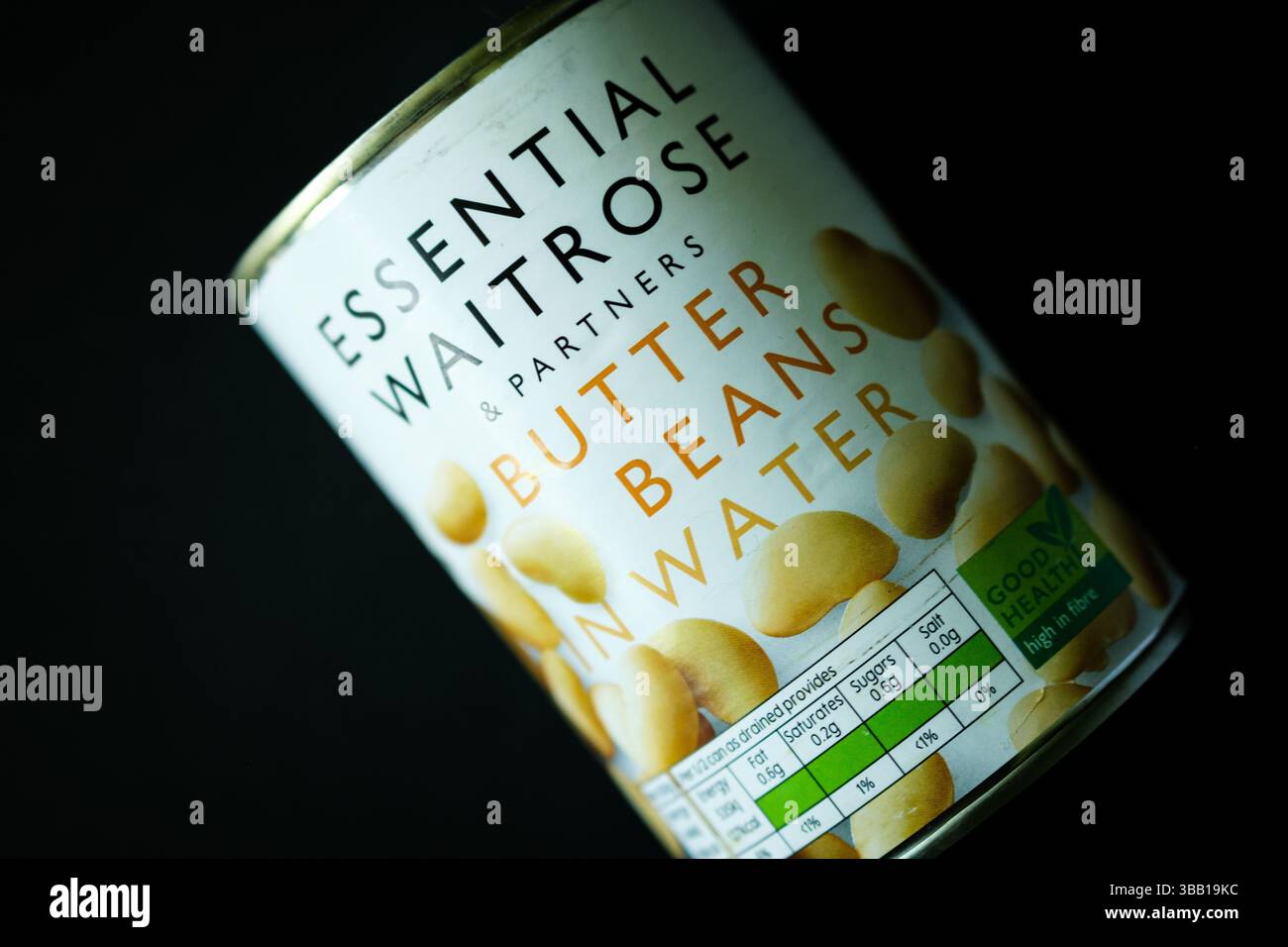 London UK, May 14 2025, Tin of Essential Waitrose Healthy Butterbeans ...