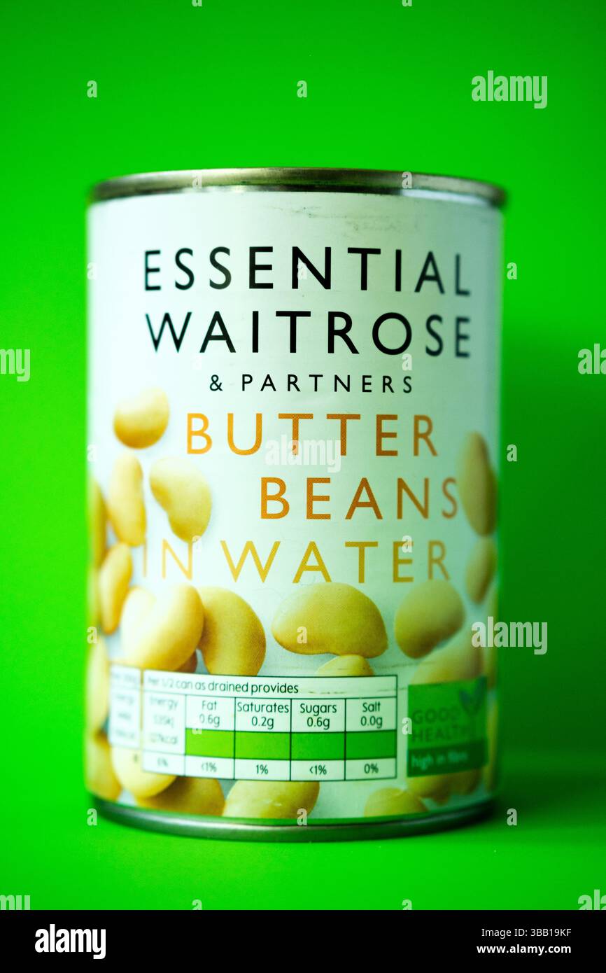 London UK, May 14 2025, Tin of Essential Waitrose Healthy Butterbeans ...