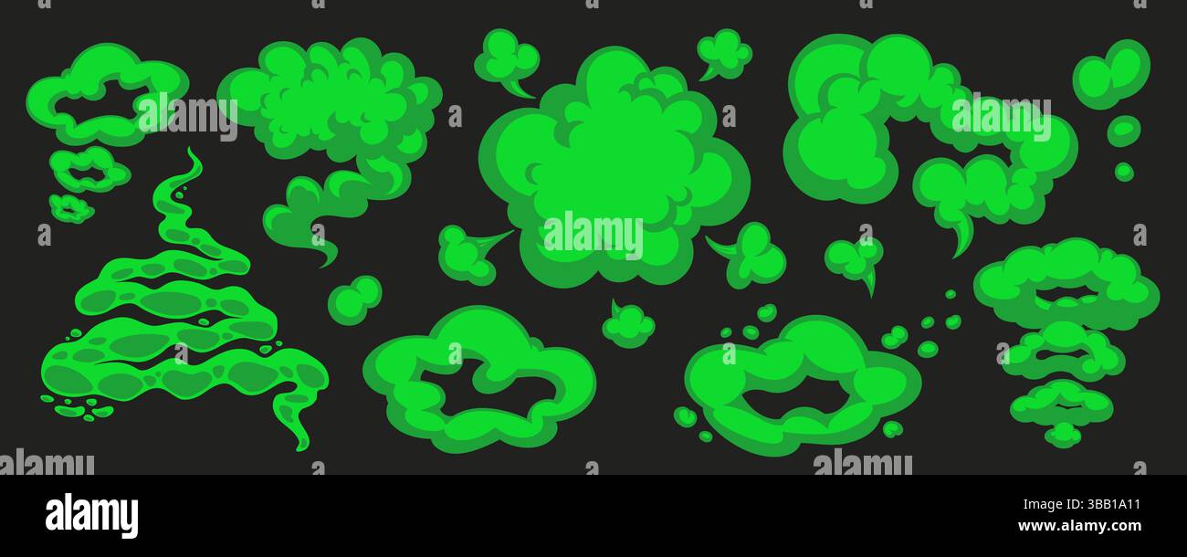Cartoon green gas cloud and stink smoke vector in various puffy, smelly ...