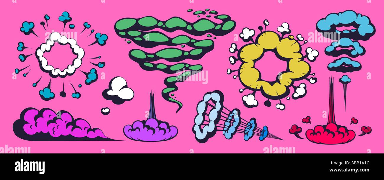 Comic explosion and smoke effect vector with colorful cartoon clouds ...