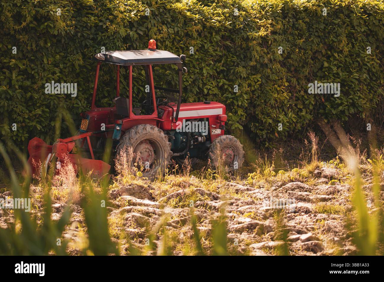 Rome, italy 10 may 2025: red tractor plowing the land in a rural ...