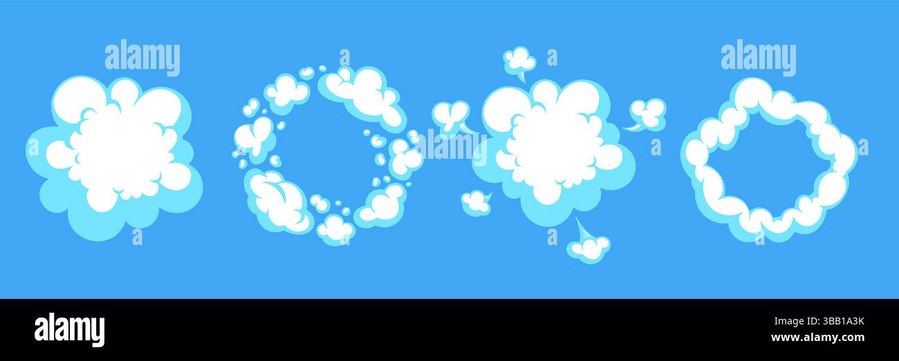 Cartoon smoke puff and comic boom cloud elements on bright blue ...