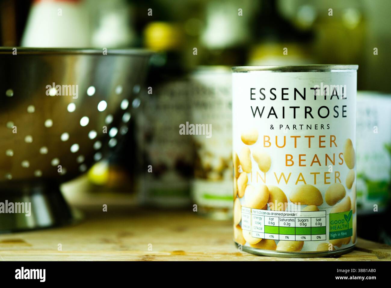 London UK, May 14 2025, Tin of Essential Waitrose Butter Beans Coooking ...