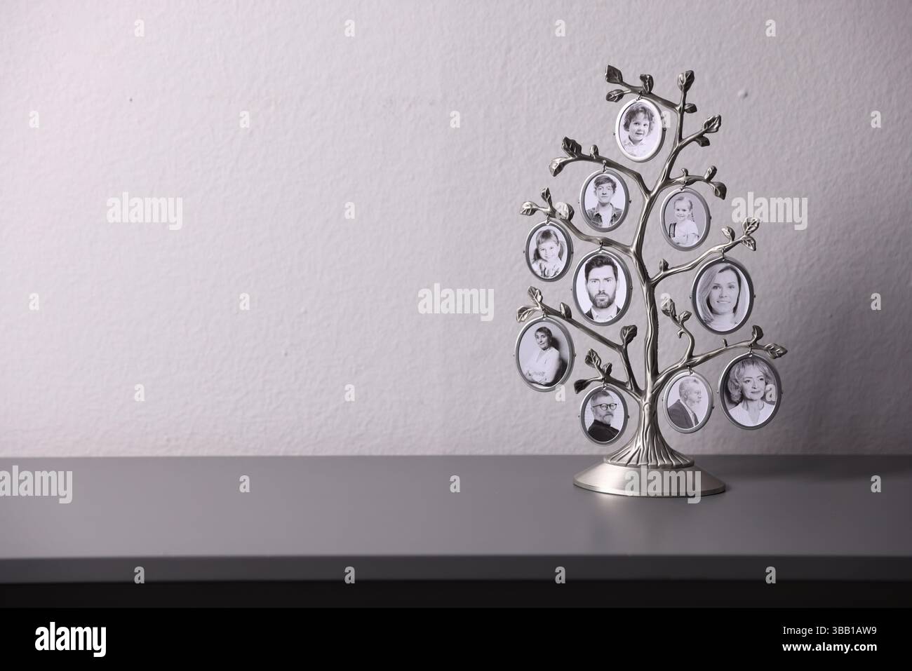 Family tree photo frame on black counter near white wall. Space for ...