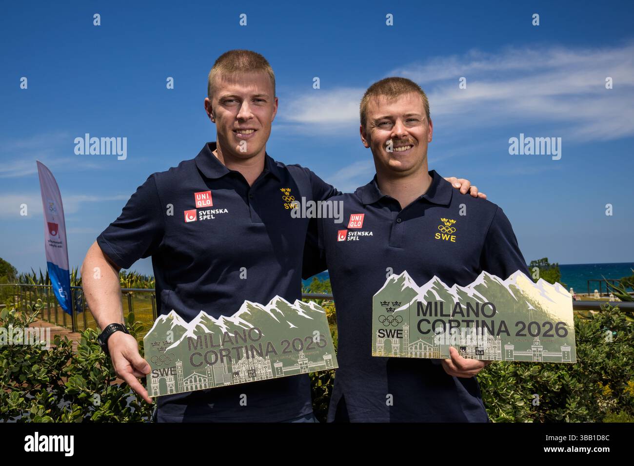 Skicross athletes David Mobärg and Erik Mobärg of, Sweden. , . pose ...