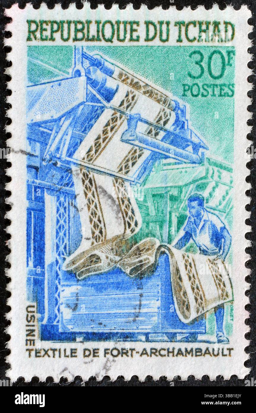 Cancelled postage stamp printed by Chad, that shows Fort Archambault ...