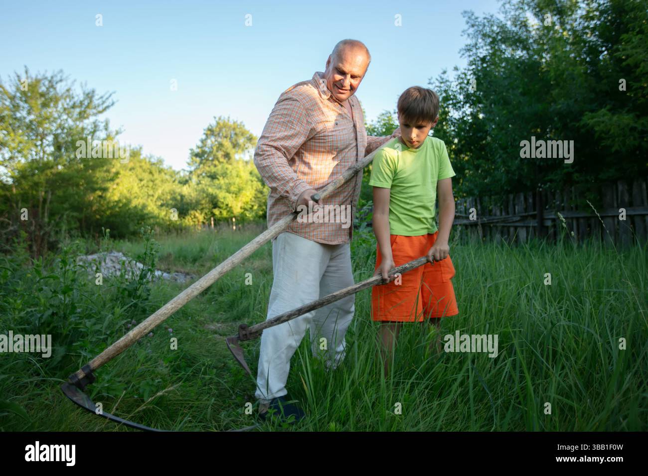 A man and a boy, father and son, work together in the field. They mow ...
