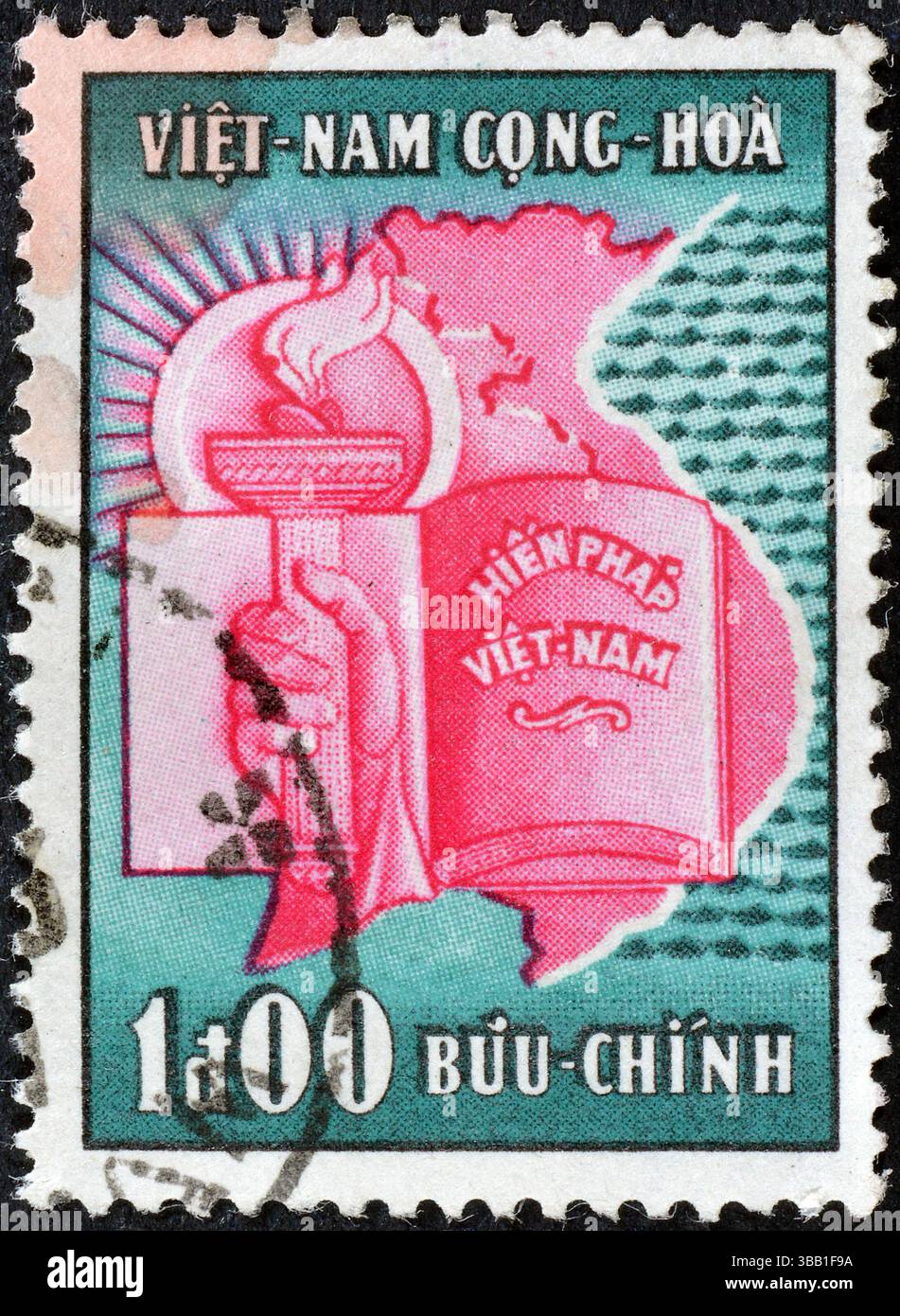 Cancelled postage stamp printed by South Vietnam, that shows Torch and ...