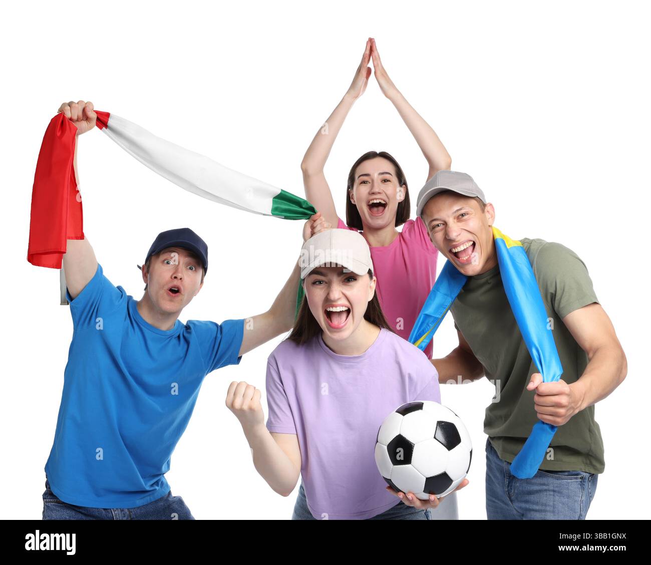 Emotional sports fans with flags and soccer ball on white background ...