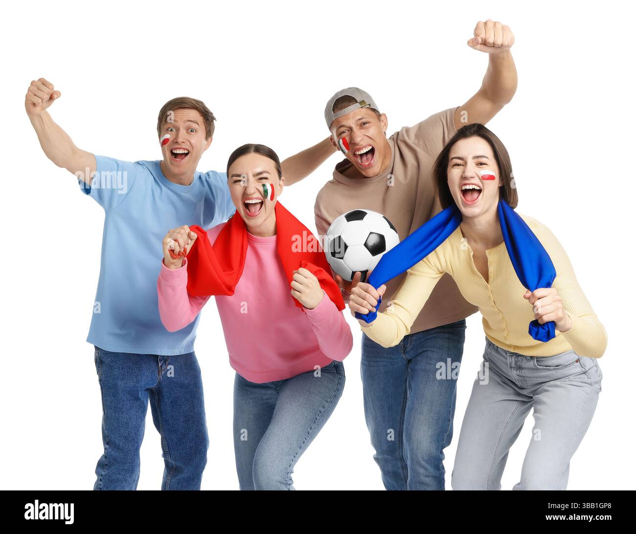 Emotional sports fans with flags and soccer ball on white background ...