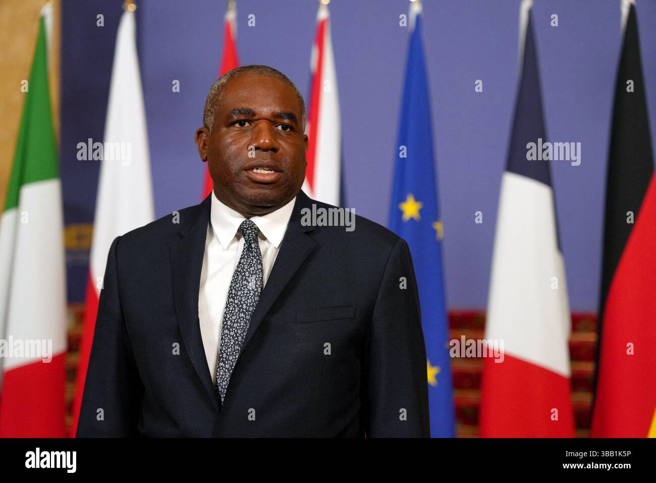 Foreign Secretary David Lammy speaks to the media at Lancaster House ...