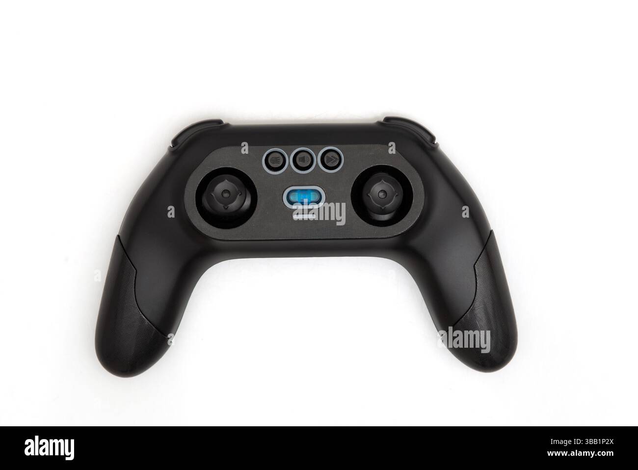 Modern black game controller with joysticks and buttons on white ...