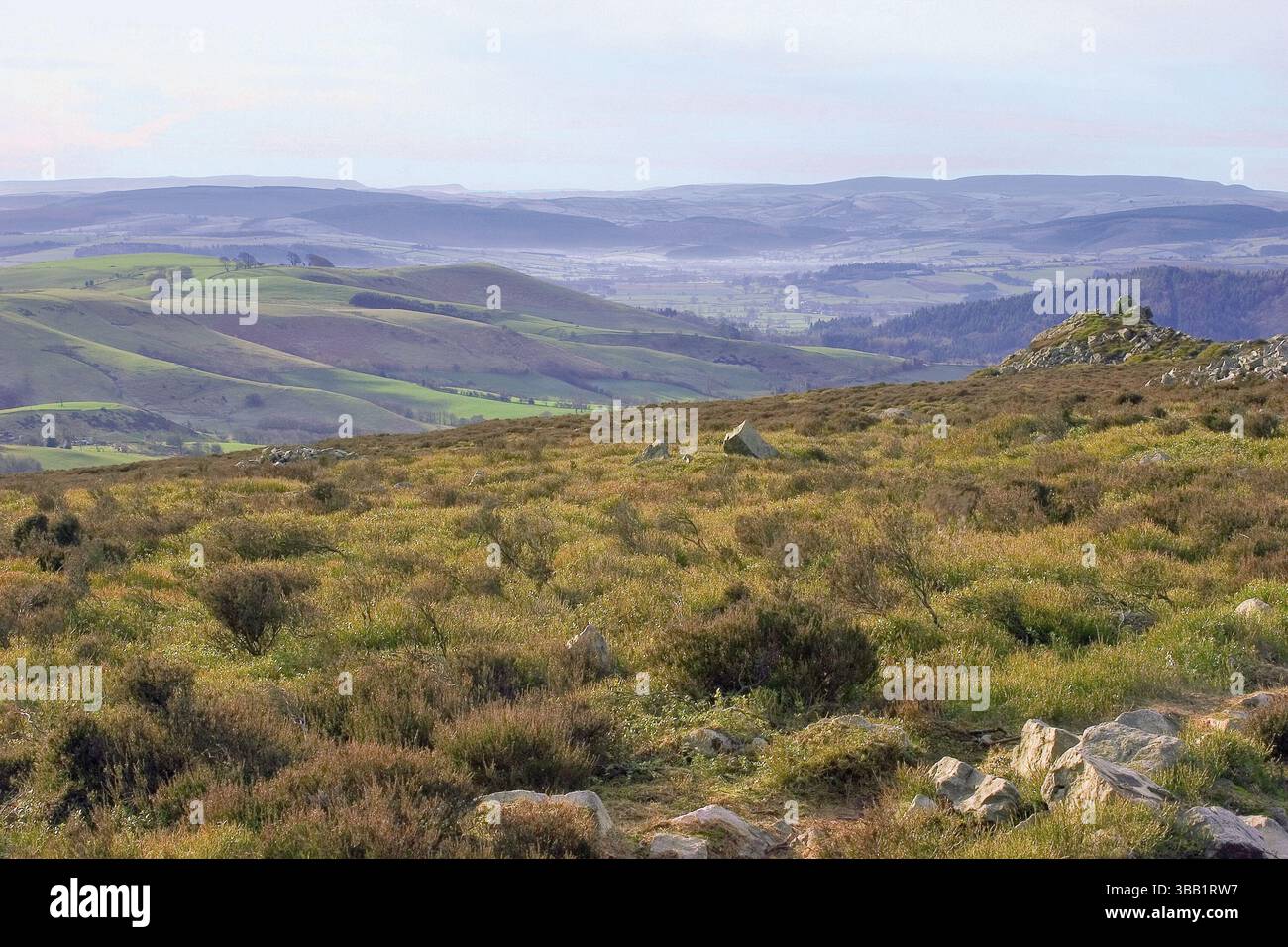 Stiperstones Hill Path walk viewing back down to the Hope Valley, South ...
