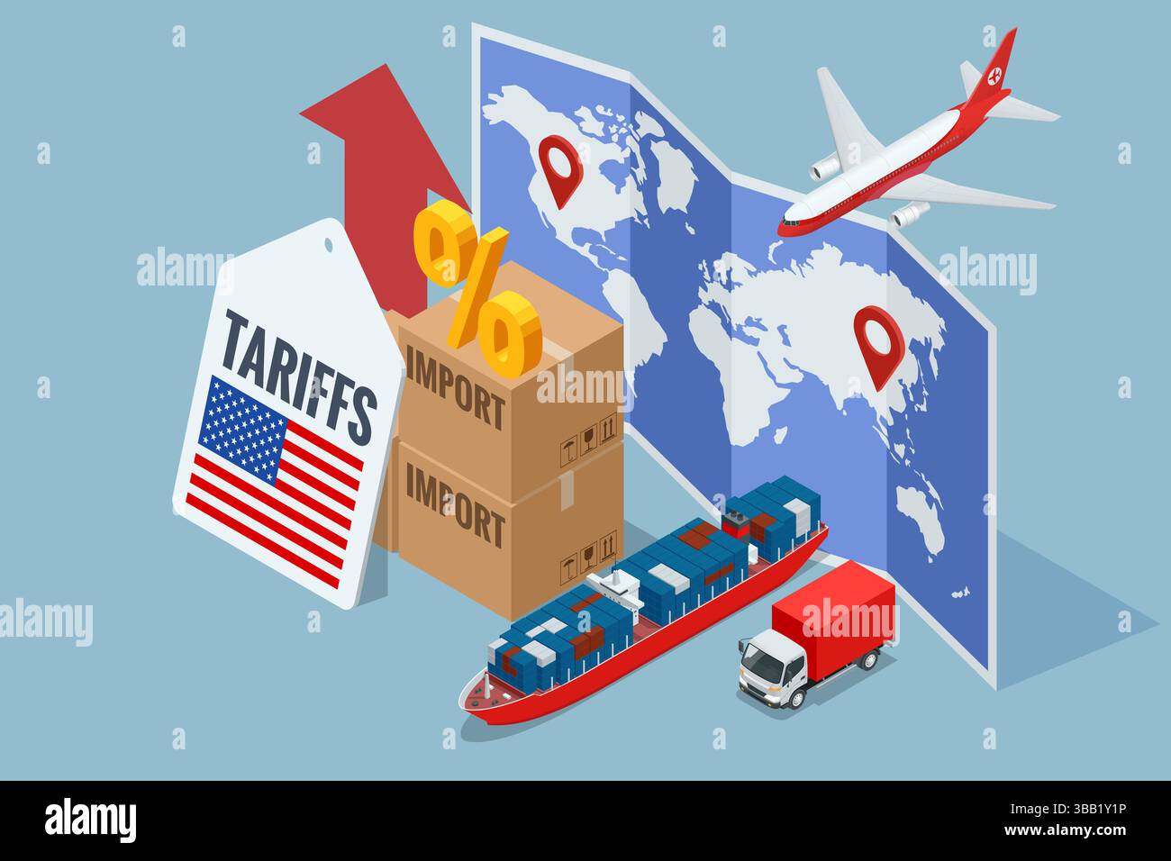 Isometric showing rising US import tariffs, affecting global logistics ...
