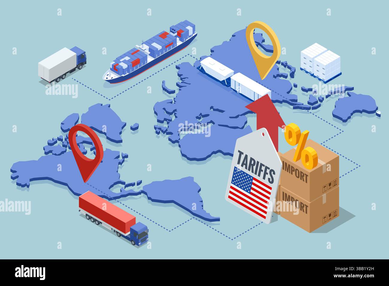 Isometric showing rising US import tariffs, affecting global logistics ...
